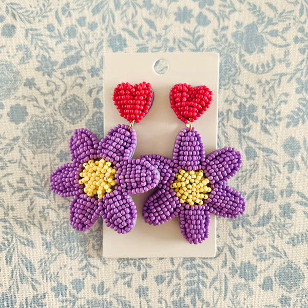 Purple Floral Beaded Earrings Poppy Ella Boutique